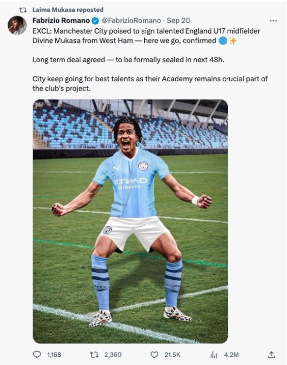 West Ham 'best talent' Mukasa's mother shares Man City transfer post